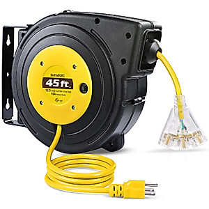 SURAIELEC 12 Gauge Extension Cord Reel, 45 FT Retractable Extension Cord, 12 AWG/3C SJTOW Heavy Duty Power Cord, 15 AMP Circuit Breaker, Lighted Triple Tap, Ceiling or Wall Mount, UL Listed