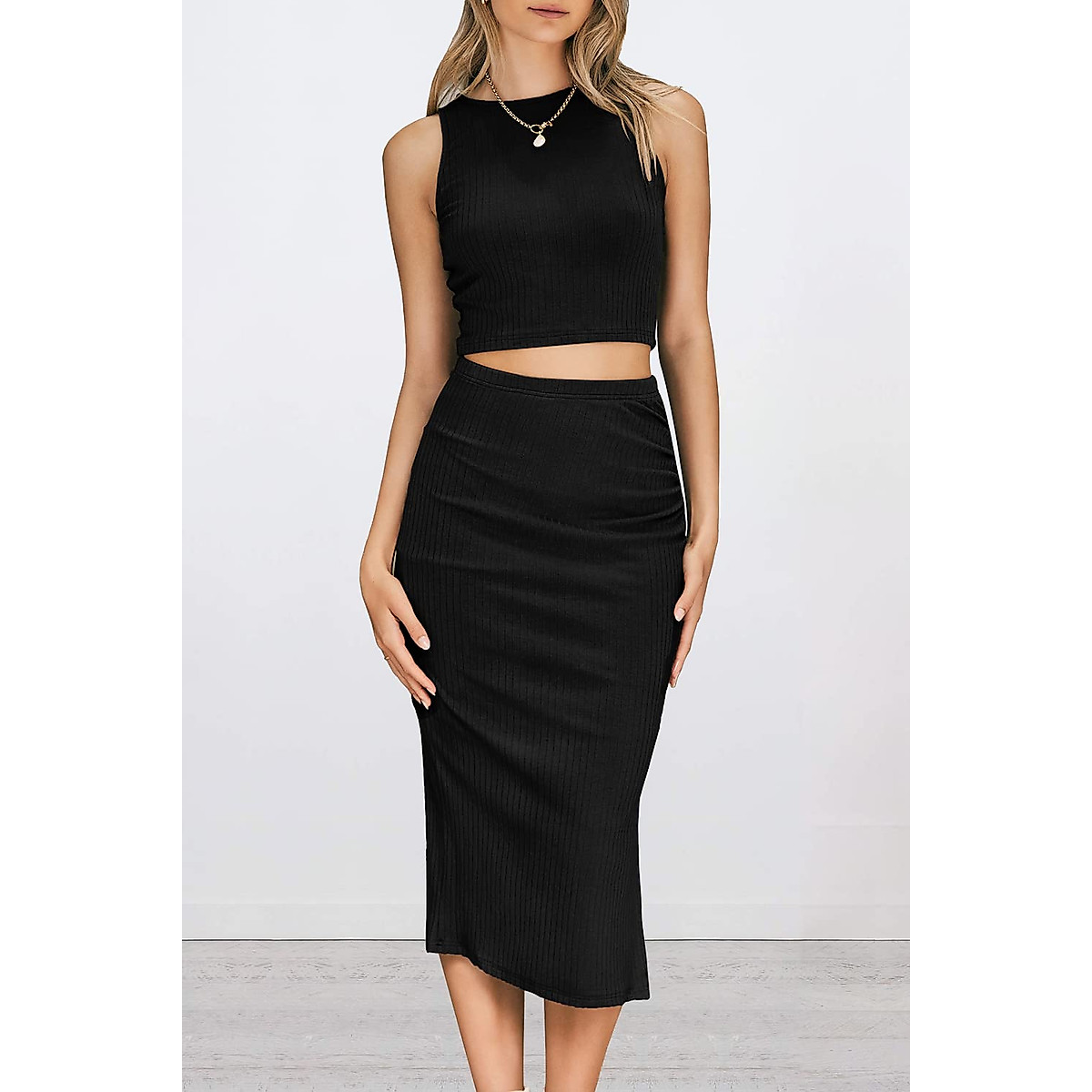 PRETTYGARDEN Women's 2 Piece Summer Outfits Crewneck Tank Tops Split Bodycon Midi Skirt Set (Black,Small)