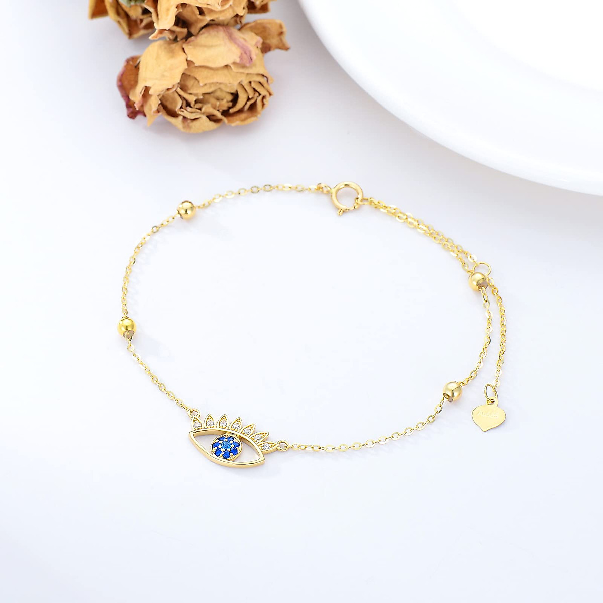 YDD 14K Solid Gold Evil Eye Bracelet for Women Wife Girlfriends Blue Eye Bangle 6.5’’+1’’+1’’