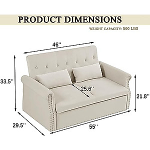 55" Convertible Loveseat Sofa Couch with Pull-Out Sleeper, 3-in-1 Modern Love seat Couch Bed with Adjustable Backrest and 2 Pillows,Velvet 2 Seater Couch Bed for Small Spaces Living Room(Beige)