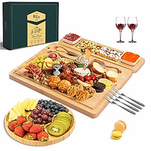 Cheese Board Charcuterie Board, Large Bamboo Platter for Serving Cheese, Meat, Unique Housewarming Gifts for Women, Anniversary, Wedding Gifts for Couple, Bridal Shower Gift