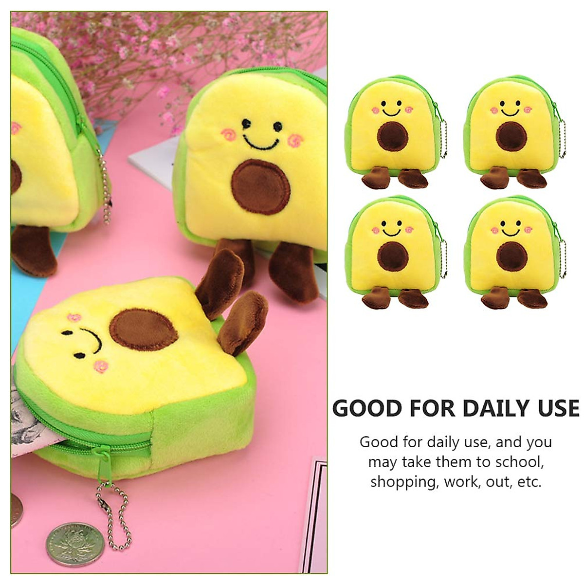 NUOBESTY 4pcs Avocado Plush Purse Wallet Cartoon Fruit Zipper Coin Bag Novelty Handbags Change Purse with Keychain