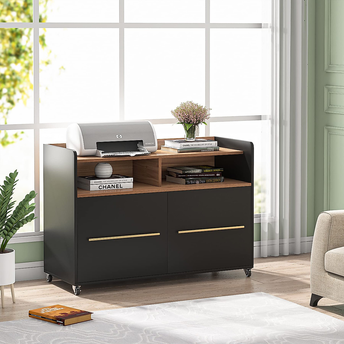 Tribesigns 2 Drawer File Cabinet Rolling Filing Cabinets for Home Office Black lateral File Cabinet Wood File Cabinet for Letter Size, Printer Stand with Rolling Wheel and Open Storage Shelves