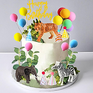 Safari Animal Cake Toppers with Mini Birthday Party Hat Color Balls Cake Decorations for Jungle Wild Themed Baby Shower Birthday Party Supplies