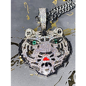 8mm Miami Cuban Link Chain Bengal Tiger Big Custom Cuban Pendant Iced Diamond cz Men Women 925 Italy Men's Choker Chain, 14k White Gold Silver Miami Cuban 6mm Chain Necklace Choker, Diamond Pendant (22" Chain Pendant)