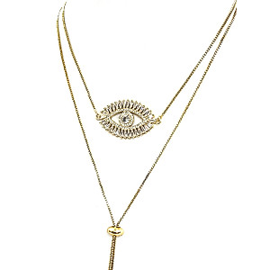 LESLIE BOULES Gold Evil Eye Lariat Necklace for Women 18K Gold Plated Sliding Adjustable Chain Choker Jewelry