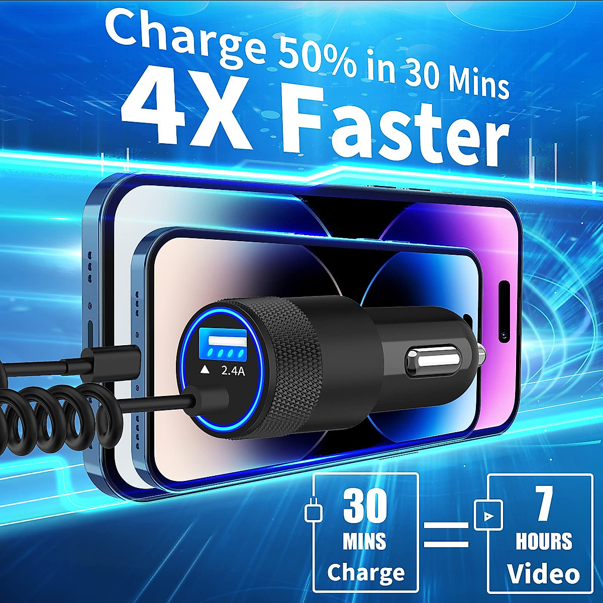 【MFi Certified】iPhone Fast Car Charger, Caiinei 4.8A Dual USB Power Car Charger Fast Charging Cigarette Lighter Adapter+6FT Coiled Lightning Cable for iPhone 14 13 12 11 Pro/XS Max/Mini/XR/X/8/SE/iPad