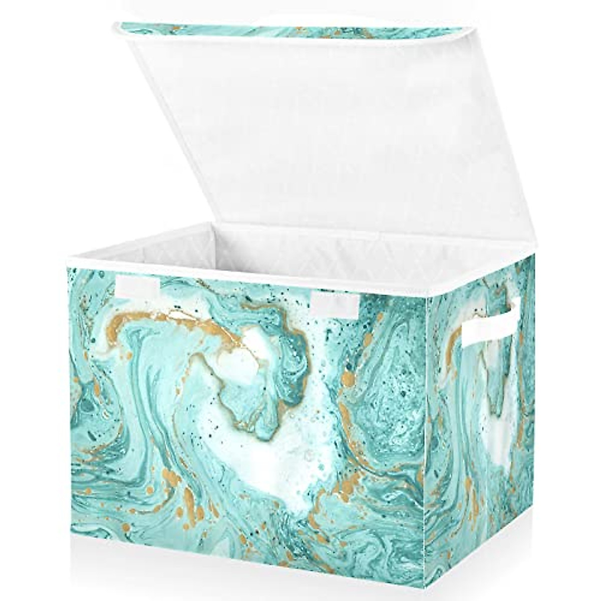 Blueangle Turquoise Marble Texture Storage Bins with Lids, 16.5 x 12.6 x 11.8 in, Large Collapsible Organizer Storage Basket for Home Office Décor（86）
