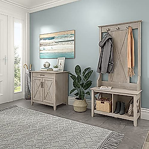 Bush Furniture Key West Entryway Storage Set with Hall Tree, Shoe Bench and Armoire Cabinet, Washed Gray