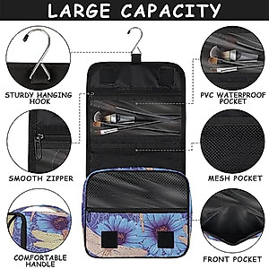 POFATO Dragonfly Blue Flower Travel Toiletry Bag Cosmetic Makeup Bag for Women Men Hanging Hook Wash Toiletries Portable Toiletry Bags Organizer