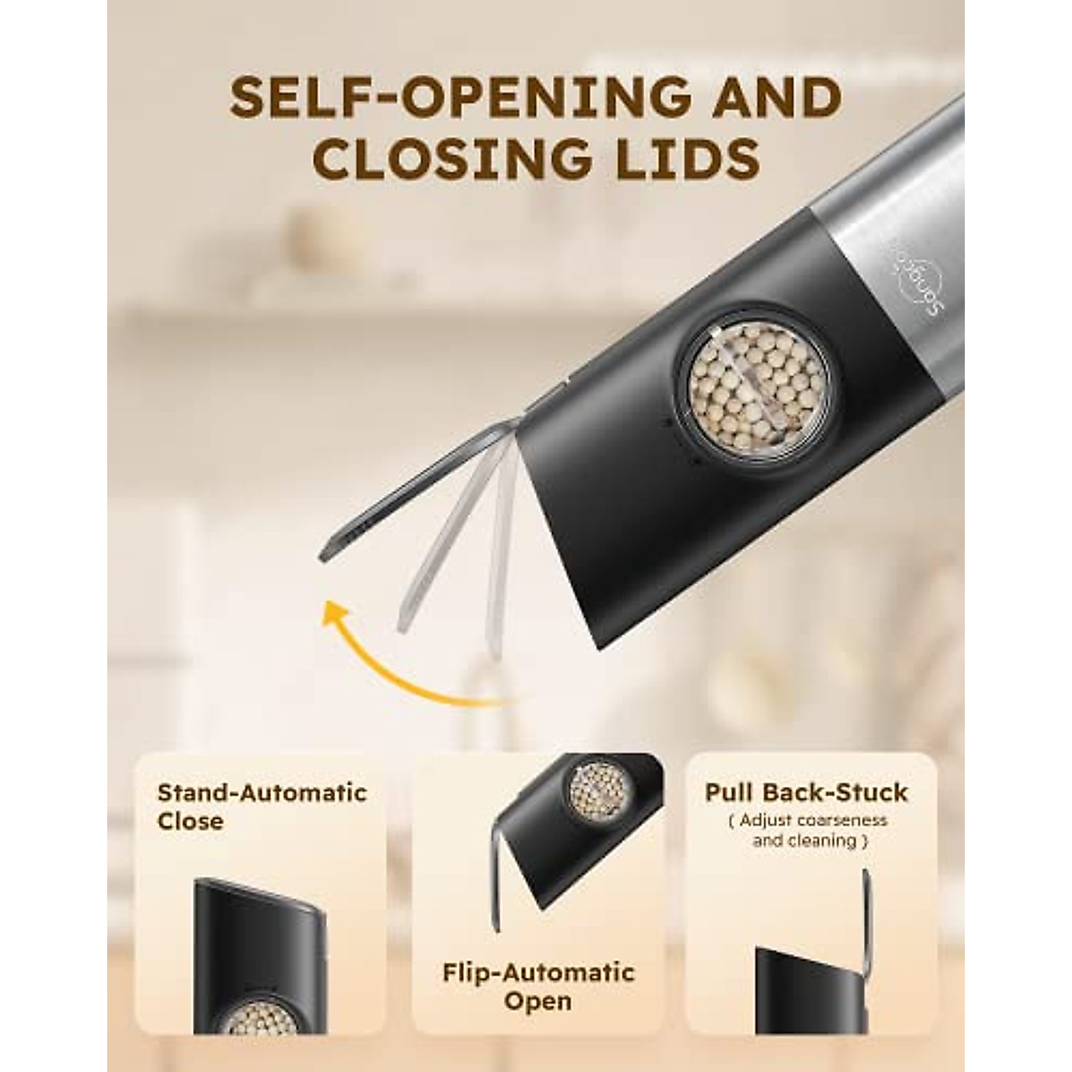 [Upgraded Larger Capacity] Sangcon Gravity Electric Salt and Pepper Grinder Set - USB Rechargeable With Dual Charging Base - Automatic One Hand Operation - Adjustable Coarseness & LED Light Refillable