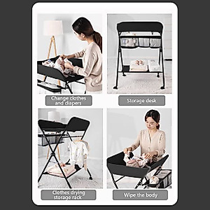 Baby Changing Table Portable Folding Diaper Changing Station with Wheels, Adjustable Height Mobile Nursery Organizer with Safety Belt and 2 Large Storage Racks for Newborn Baby Infant (Black)
