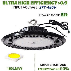 480V 150W UFO LED High Bay Lights, 24000LM, 0-10V Dimmable, 500W HID/HPS Replacement, 5ft Cable, IP65, Hook Mount, Shop Lights, Garage, Factory, Warehouse, Workshop, Area Light