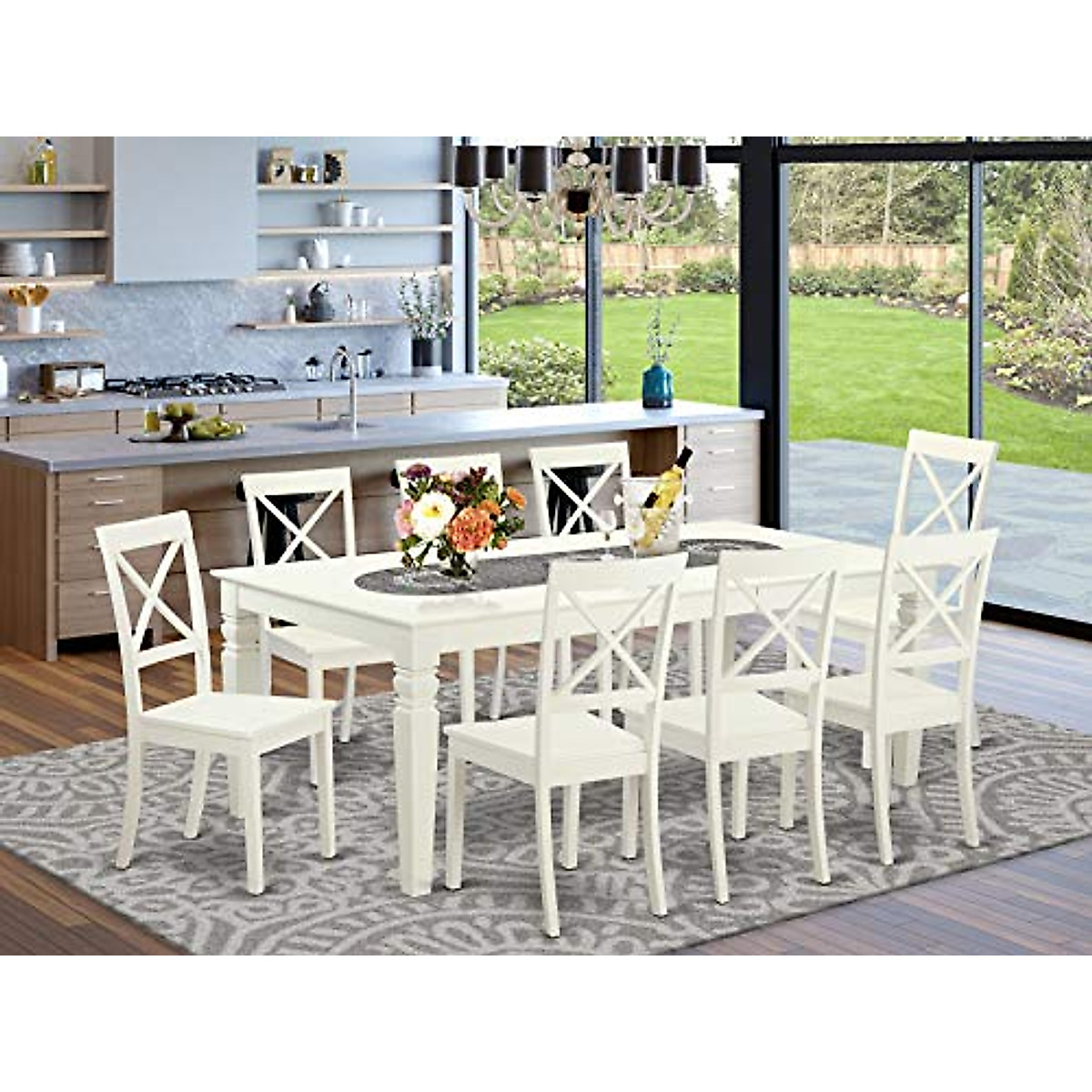 East West Furniture LGBO9-LWH-W 9 Piece Kitchen Table & Chairs Set Includes a Rectangle Table with Butterfly Leaf and 8 Dining Room Chairs, 42x84 Inch, Linen White