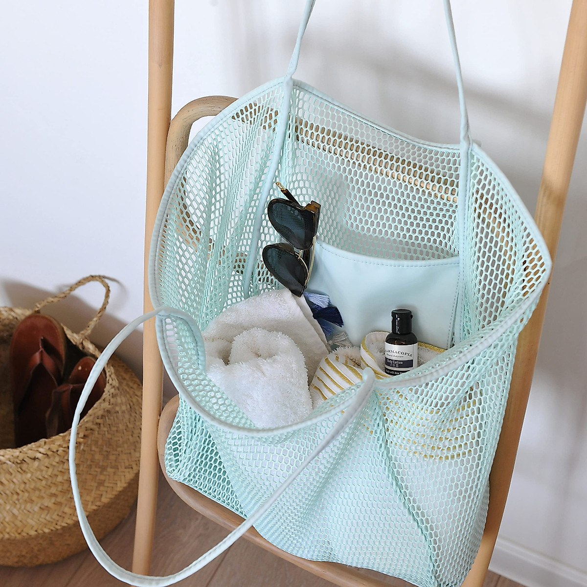 Mesh Beach Tote Womens Shoulder Handbag (Ice Blue, Coral)