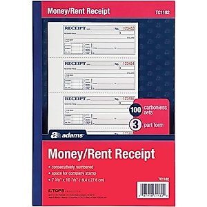 Adams Money and Rent Receipt Book, 3-Part, Carbonless, White/Canary/Pink,7 5/8" x 10 7/8", 100 Sets per Book (TC1182) (12 pack) (two 6 packs)