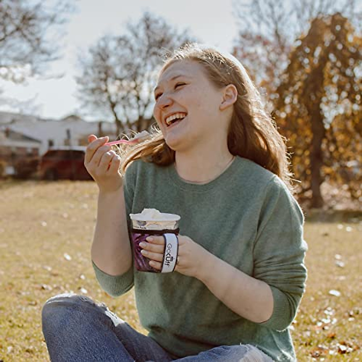 Go Cuff Ice Cream Coozie Pint Cuff Reusable Antislip Neoprene Insulator Pint Sized Ice Cream Pint Cozy Sleeve with Handle Compatible For Haagen-Dazs, Ben & Jerry's, Halo Top and more (Lumberjack Red)