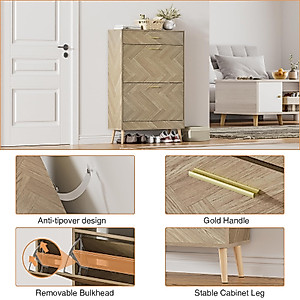Anmytek Shoe Storage Cabinet with 2 Flip Drawers & 1 Drawer, Natural Oak Slim Shoe Cabinet with Wooden Legs, Freestanding Hidden Narrow Shoes Organizer Cabinet for Entryway, Hallway