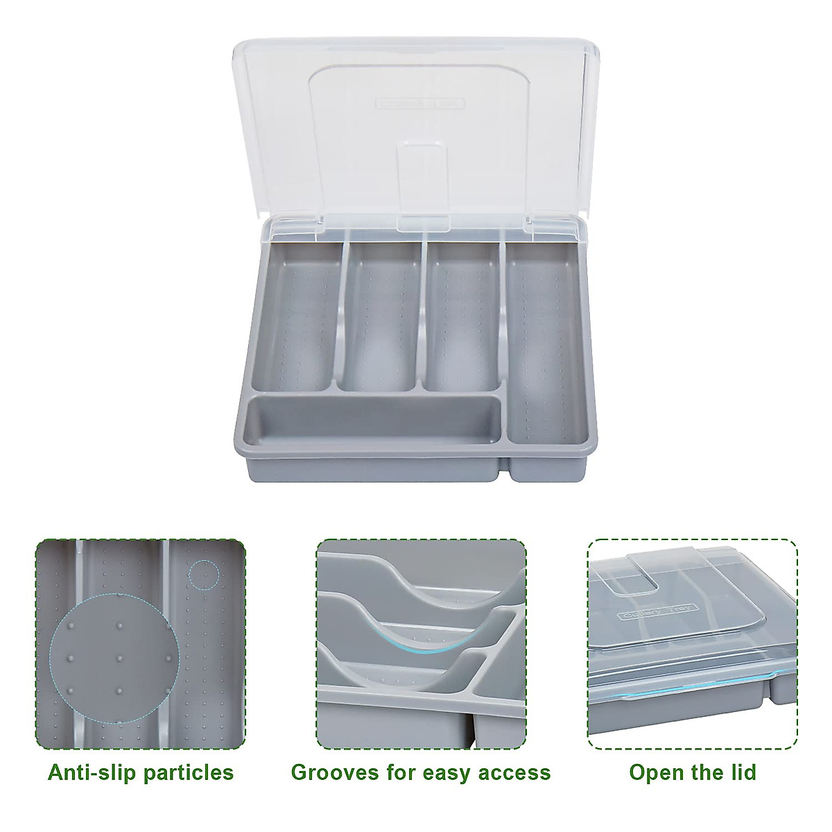 QINOL Silverware Holder with Lid, Double Layer Utensil Tray with Cover Large Flatware Organizer Plastic Cutlery Container for Kitchen Drawer Countertop 10 Compartments, Grey