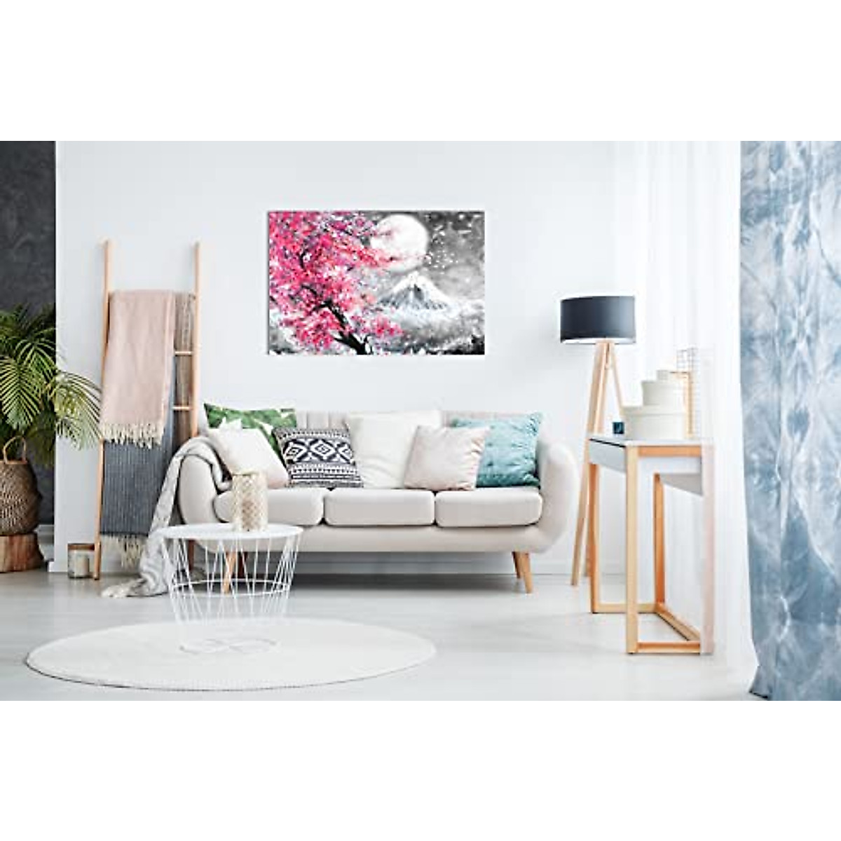 Panther Print, Canvas Prints, Framed Wall Art for Bedroom & Living Room, Modern Home Decor, Pink Black & White Oil Painting Japanese Cherry Blossom Landscape, Print for Special Occasions (31x20cm)