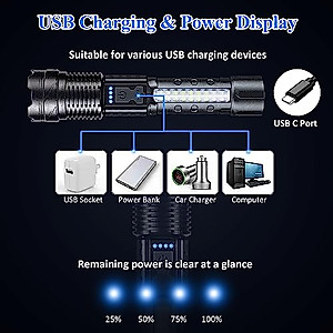 Sogidon Flashlights High Lumens Rechargeable, 900000 Lumen Super Bright Led Tactical Flashlight Battery Powered with 7 Light Modes, USB C, Waterproof, Zoomable, Powerful Handheld Small Flash Light