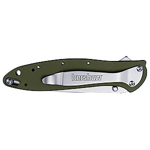 Kershaw Leek Pocket Knife, Olive Drab (1660OL) 3 Bead-Blasted Sandvik 14C28N Steel Blade, Olive Drab Anodized Aluminum Handle with SpeedSafe Assisted Opening, Liner Lock, Tip-Lock Slider; 2.4 OZ.