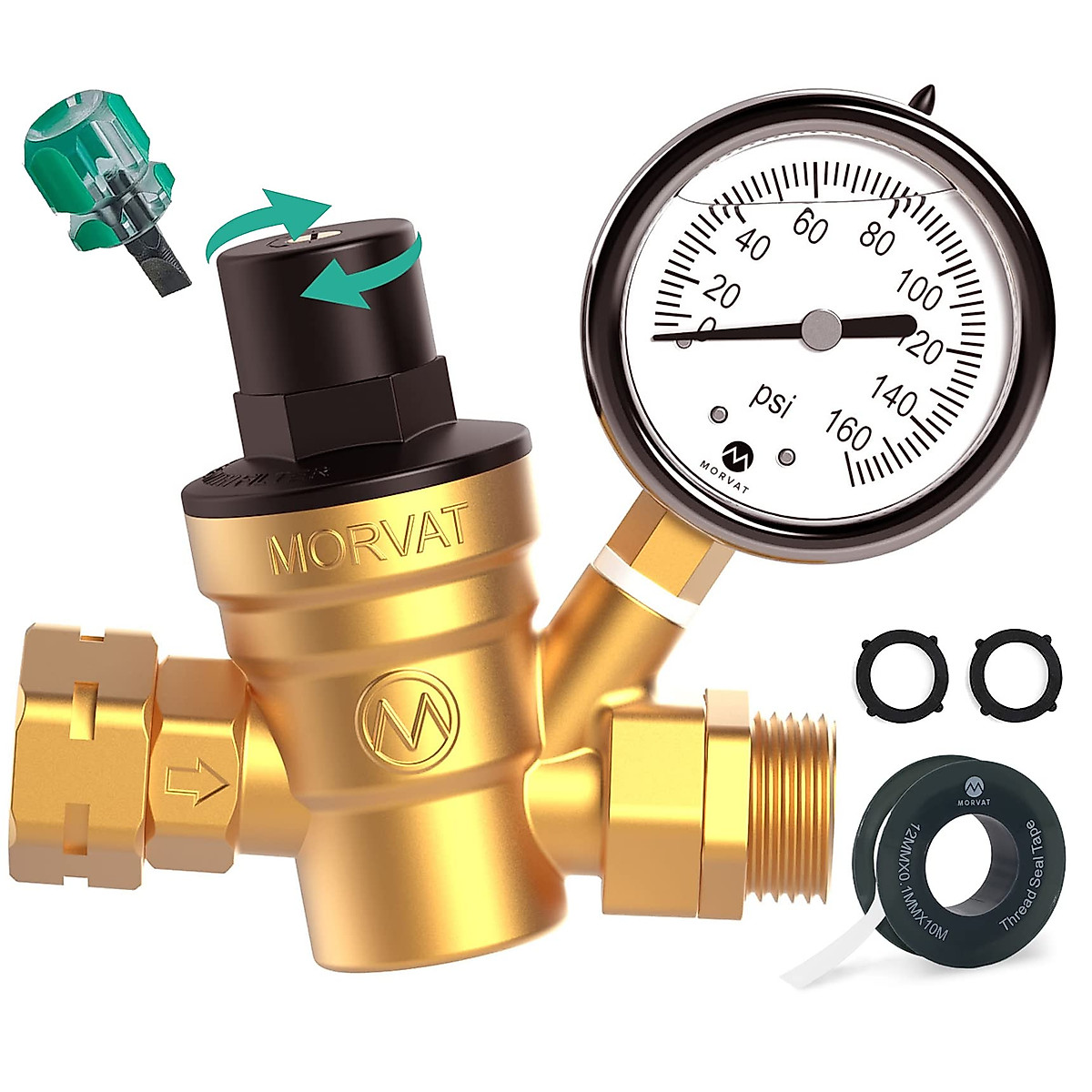 Morvat Premium Lead-Free Brass RV Water Pressure Regulator Adjustable Valve with Oil Filled Gauge for Camper, Includes Screwdriver, Roll Of Teflon Tape & 2 Extra Rubber Washers