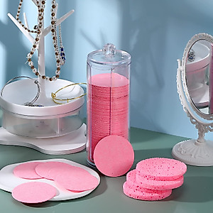 120pcs Compressed Facial Sponges Natural Face Exfoliator Disposable Face Sponges for Cleansing Round Soft Facial Scrubber Pads with Storage Container for Makeup Removal Esthetician Travel (Pink)