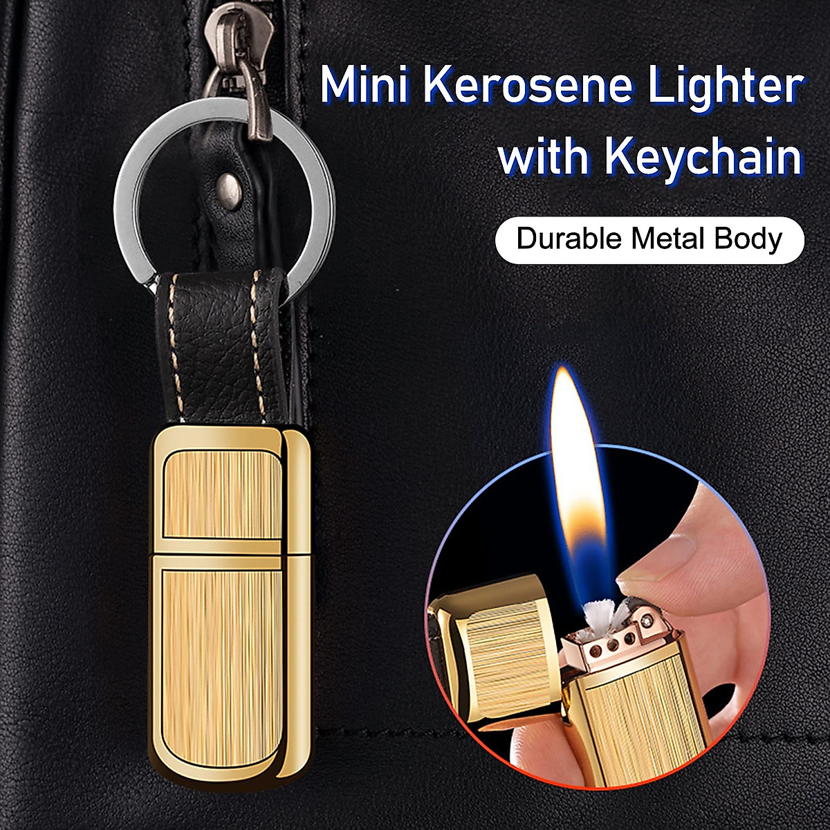 Kerosene Lighter, Mini Vintage Lighter Refillable Kerosene Antique Permanent Lighter with Keychain, Reusable Cool Lighters for Vintage Soft Flame Lighter for Men Dad Husband(Fuel Not Included)-Gold