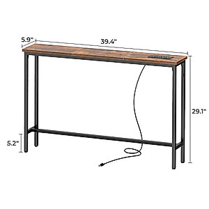 SUPERJARE 5.9 Inch Console Table with Outlet, Sofa Table, Behind Couch Table, 5.9 x 39.4 x 29.1 Inches, Metal Frame, Narrow Entryway Table, for Living Room, Hallway, Rusitc Brown