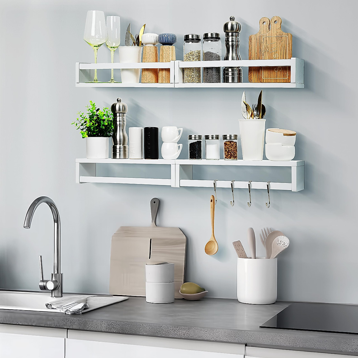 Ollieroo Set of 4 Floating Book Shelves for Wall, Nursery Book Shelf for Kids Room, Bamboo Wood Hanging Bookshelf for Baby Teen Boys Girls, Wall Mounted Shelves for Bedroom Bathroom Decor(White)