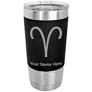 LaserGram 20oz Vacuum Insulated Tumbler Mug, Zodiac Sign Aries, Personalized Engraving Included (Faux Leather, Black)