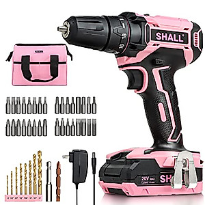 SHALL Pink Cordless Drill Driver 20V Electric Power Drill Screwdriver Set with 2.0AH Battery & Fast charger for Women, 3/8'' Keyless Chuck, Variable Speed, 18+1 Position & 34pcs Drill/Driver Bits