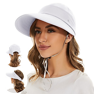 Sun Hat Womens Summer Beach Hats Wide Brim Packable Sun Visor with UV Protection Golf Hat with Ponytail Hole White Sunhat Cap
