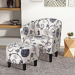 Giantex Accent Chair with Ottoman Set, Upholstered Barrel Chair with Footrest, Modern Accent Armchair with Ottoman, Round Club Chair for Living Room, Bedroom, Small Space