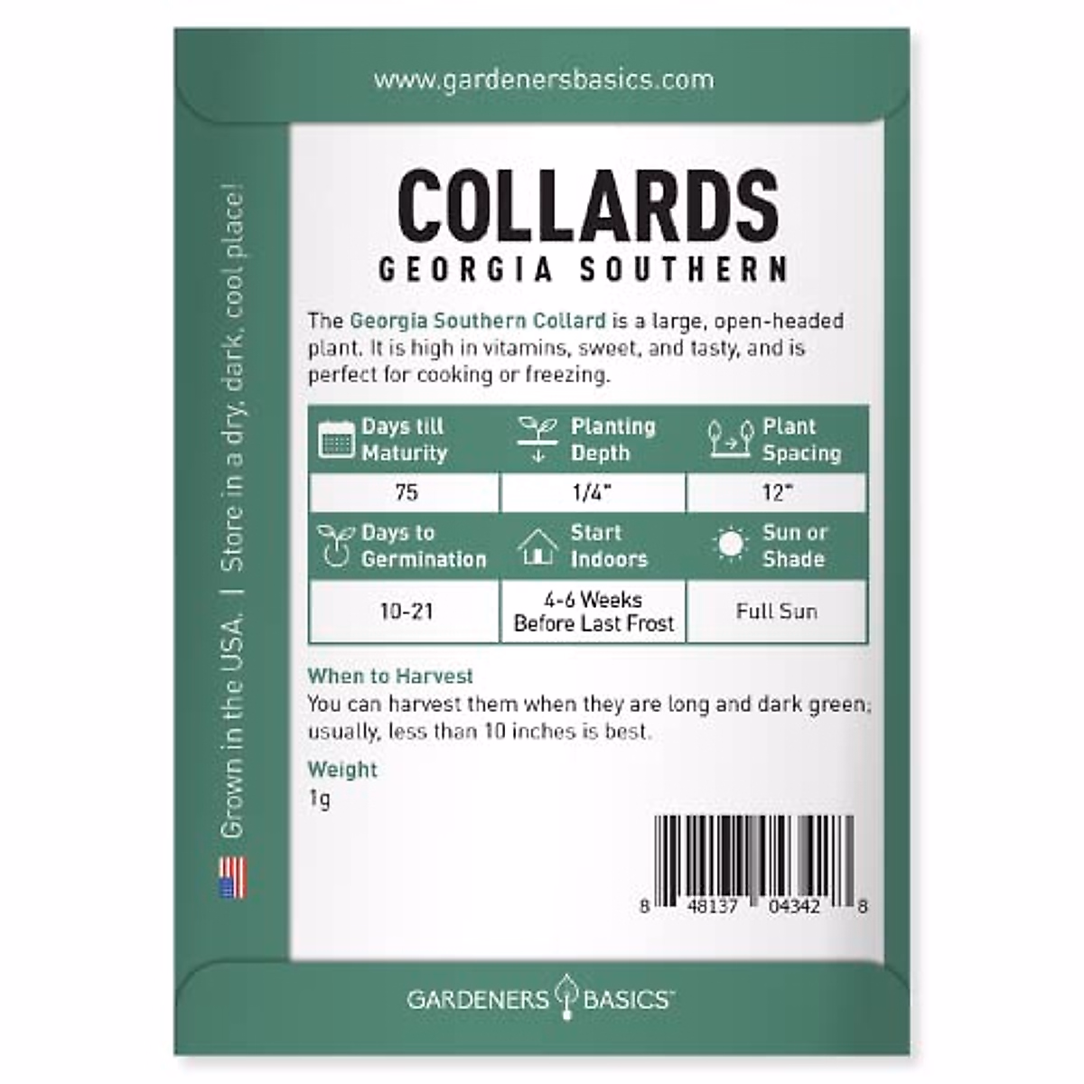 Collard Greens Seeds for Planting - Georgia Southern Non-GMO Vegetable Variety- 1 Gram Seeds Great for Summer, Fall and Winter Gardens by Gardeners Basics