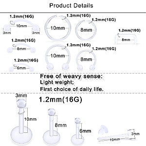 Lcolyoli Mix Set Clear Piercing Retainers Flexible Lip Rings Ear Cartilage Rook Daith Conch Tragus Earrings Plastic Helix Piercing Jewelry for Work Sports Women Men