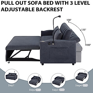 Merax 55.9" Loveseat Sofa Couch with Pull Out Bed, 3 in 1 Convertible Polyester Sleeper Sofa Bed with 3 USB Ports, 2 Cup Holders, and 360°Swivel Phone Holder for Apartment, Living Room (Blue Grey)