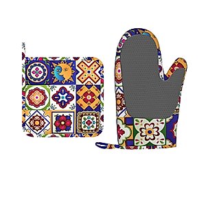 Oven Mitts and Potholders Colorful Geometric Ethnic Silicone Glove Heat Resistant, Kitchen Gloves for Cooking, 2-Piece Set