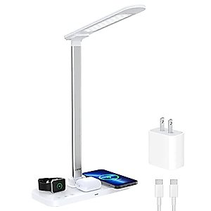 EMIE LED Desk Lamp with Wireless Charger, 15W Fast Wireless Charging Table Lamps for Home Office , 3 in 1 Multifunction Touch Control 3 Lighting Modes Eye-Caring Study Desk Light for Dorm Bedroom