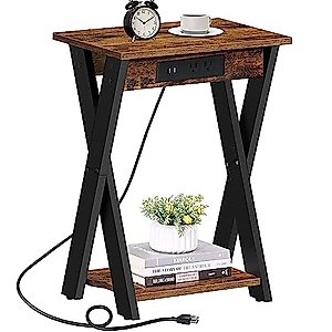 TUTOTAK End Table with Charging Station, X Shaped Side Table with USB Ports and Outlets, Nightstand, 2-Tier Storage Shelf, Sofa Table for Small Space, Brown TB01BB048