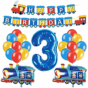 JOPARY Train 3rd Birthday Decorations Boys Train, 3 Years Old Birthday Party Supplies With Number 3 Foil Balloons Train Birthday Banner,Latex Balloons For Kids Train Birthday Party Decoration