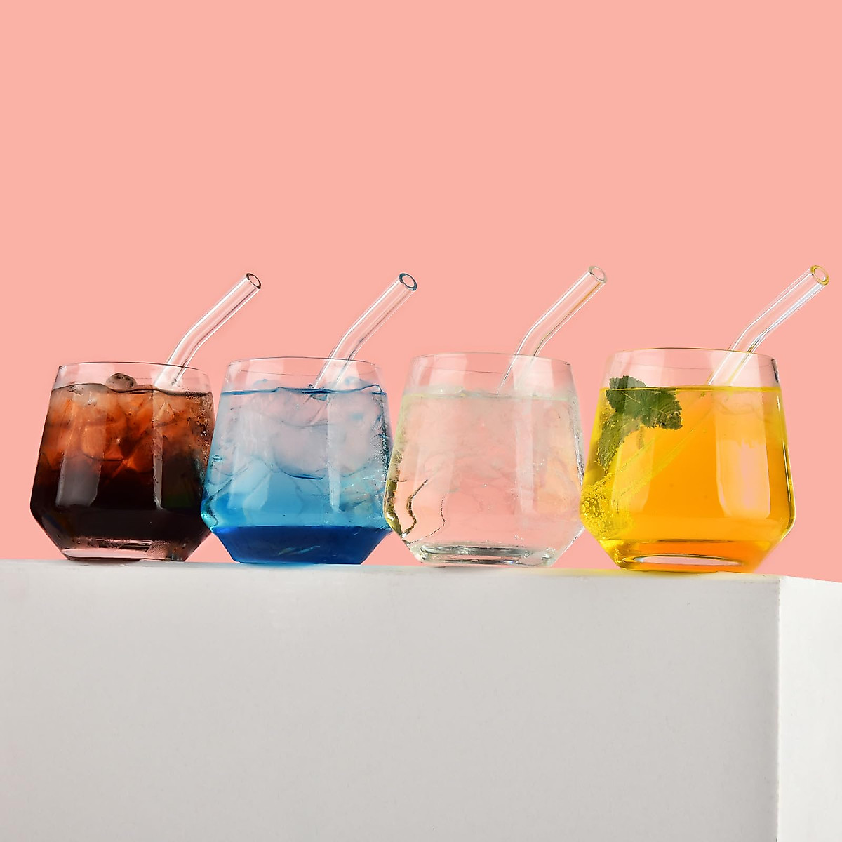 ALINK Short Bent Glass Straws, 6 in x 10 mm Reusable Clear Glass Curved Cocktail Straws for Whiskey, Coffee, Soda, Water, Pack of 8 with Brush