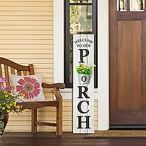 Glitzhome 42"H Wooden Welcome Porch Sign for Front Door with Cute Metal Hanging Planter, Washed White