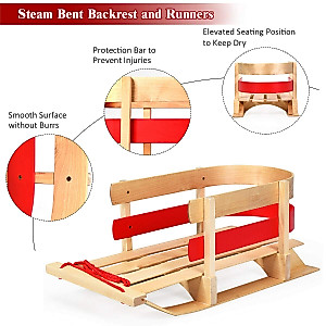 Goplus Wood Sled, Snow Wood Sled Pull Steering Slider Sleigh Toboggan with Solid Wood Seat Pulling Rope, for Kids Toddlers (29")