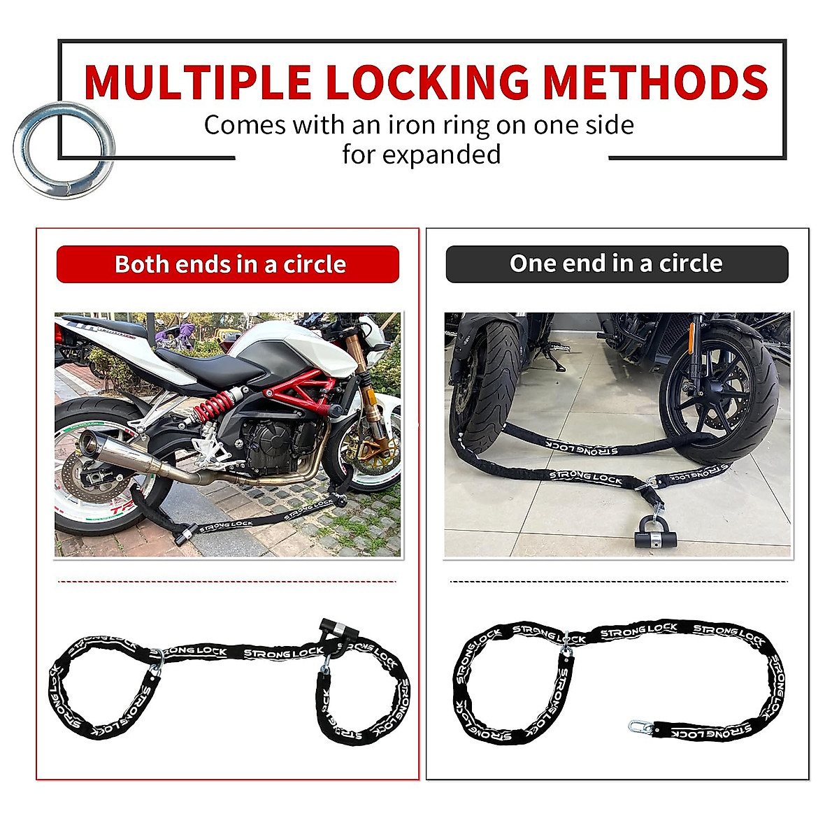 AKM Motorcycle Lock Chain Lock Anti-Theft 8.2ft/250cm Super Long Durable 12mm Thick Bike Chain Lock with 4 Keys Security 16mm U Lock,for Motorcycles,Containers,Trailers,ATV