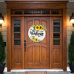 Autonomier Sunflower Welcome Sign for Front Door 12 Inch Sunflower Front Porch Decor Farmhouse Rustic Round Wooden Hanging Sign with Artificial Sunflower and Eucalyptus Leaves for Home Garden (White)