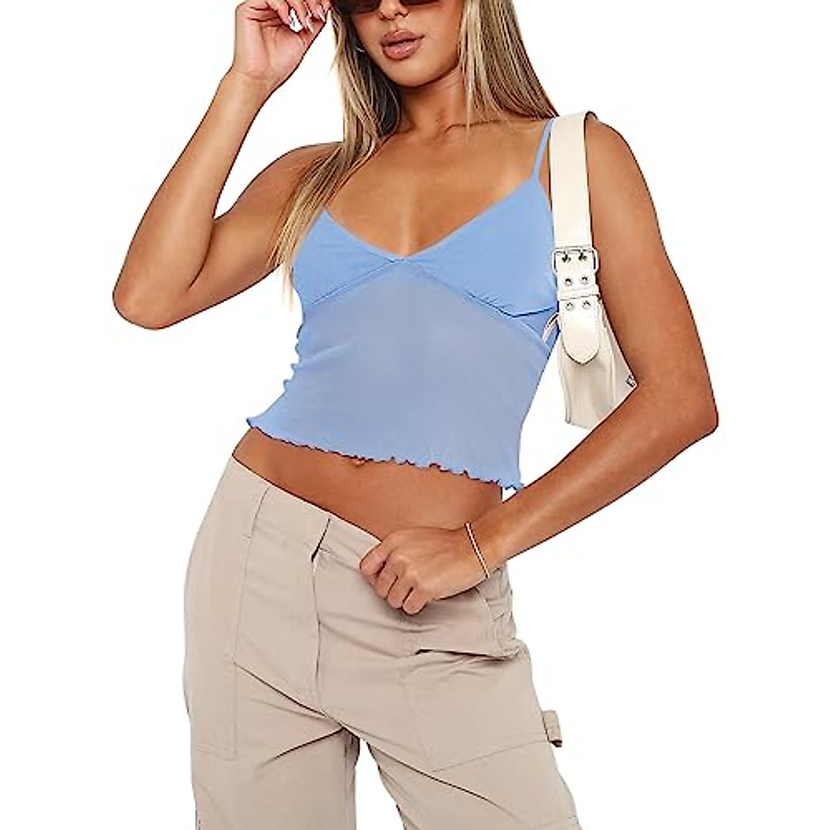 REORIA Women's Summer Sexy V Neck Sleeveless Adjustable Spaghetti Strap Sheer Mesh See Through Going Out Trendy Cami Camisole Y2k Crop Tops Sky Blue X-Small