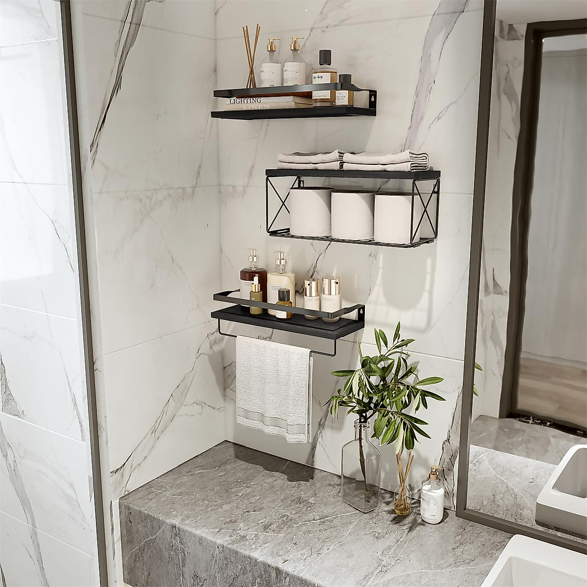 Hoiicco Wall Mount Shelf, Shelf Wall Mount, Floating Shelves for Wall with Storage Basket, Wall Shelves for Bathroom, Living Room, Kitchen and Washroom Toilet Paper