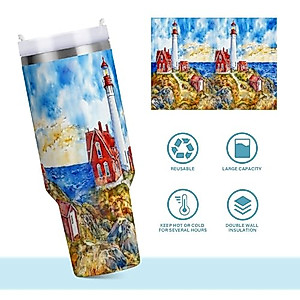 ODAWA Lighthouse Coffee Tumbler Reusable Insulated Water Bottle with Handle Travel Mug